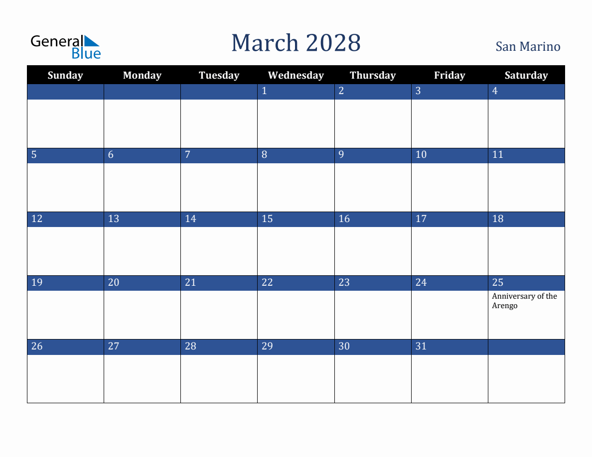 March 2028 San Marino Holiday Calendar