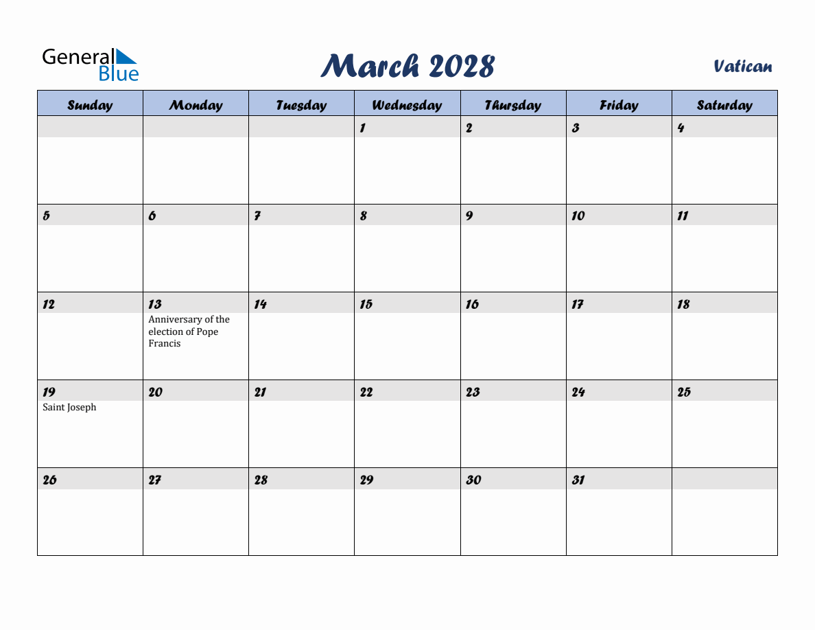 March 2028 Monthly Calendar Template with Holidays for Vatican