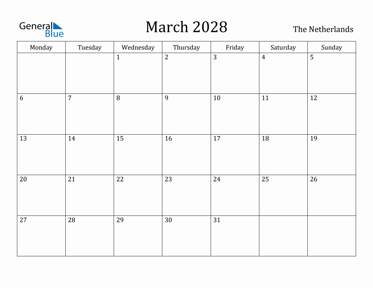 March 2028 Monthly Calendar with The Netherlands Holidays