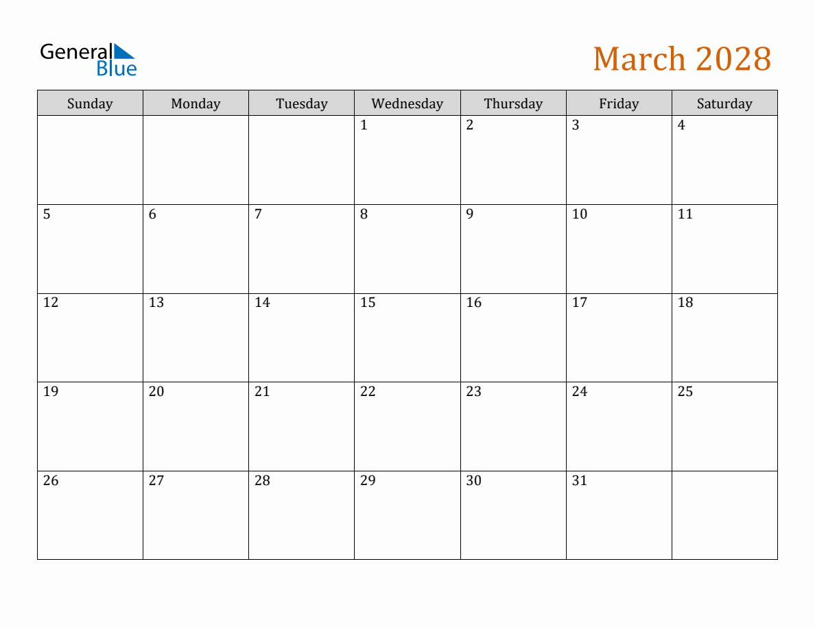 March 2028 Generic Monthly Calendar