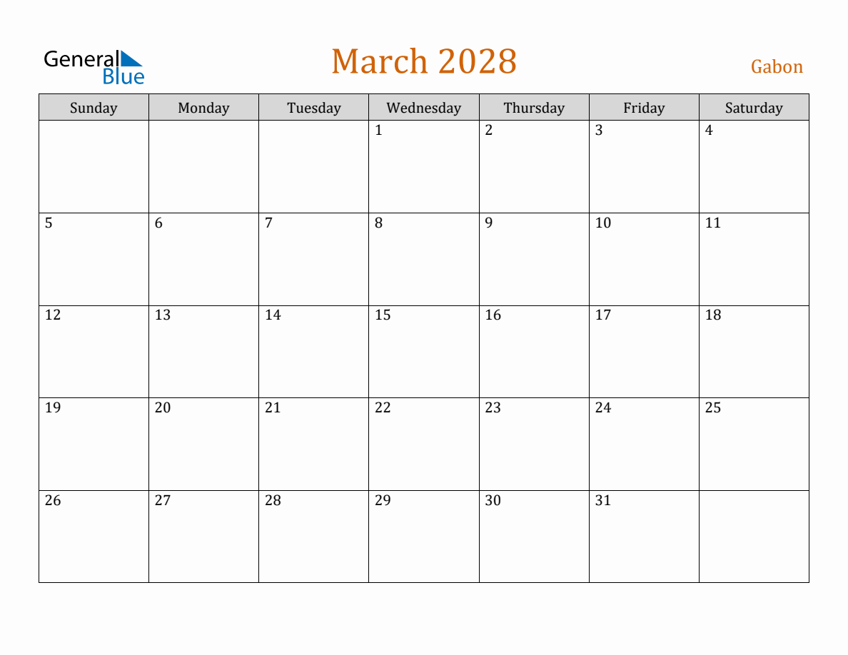 Free March 2028 Gabon Calendar