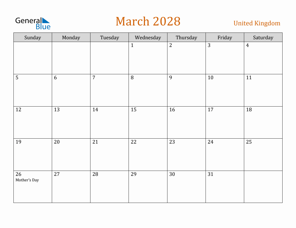 Free March 2028 United Kingdom Calendar