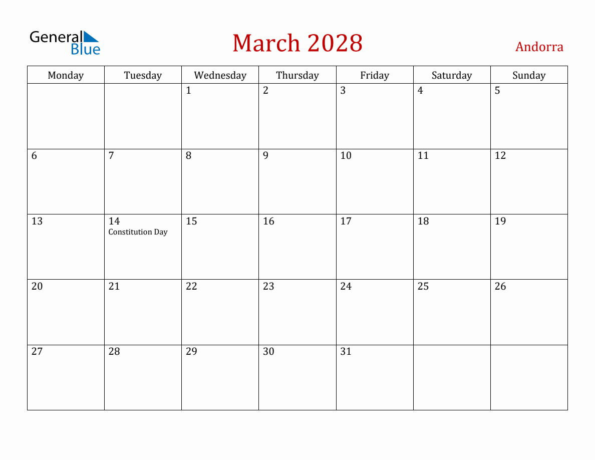March 2028 Andorra Monthly Calendar with Holidays