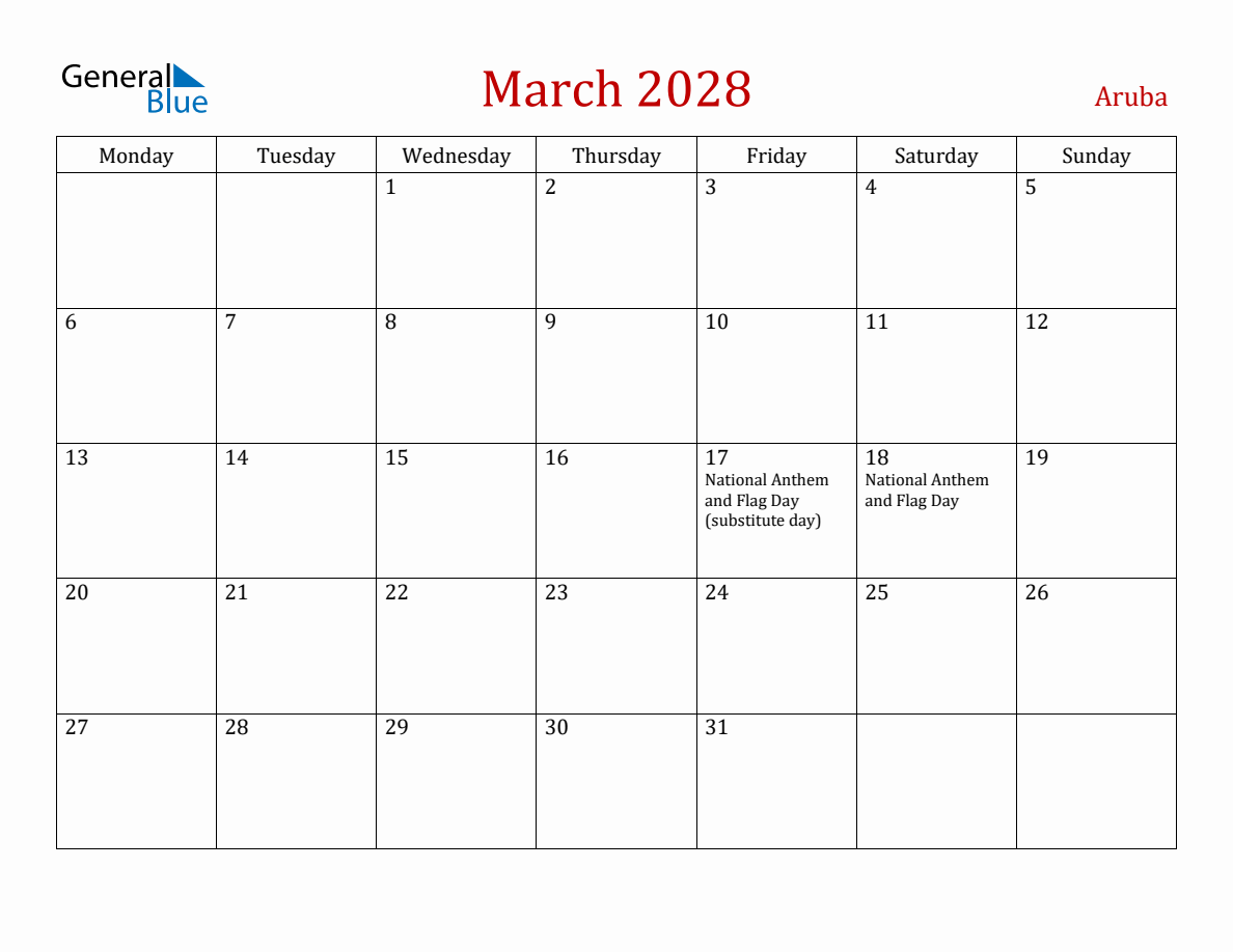 March 2028 Aruba Monthly Calendar with Holidays