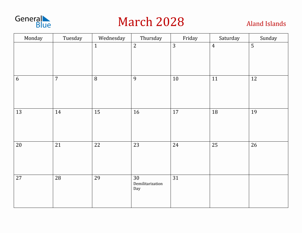 March 2028 Aland Islands Monthly Calendar with Holidays