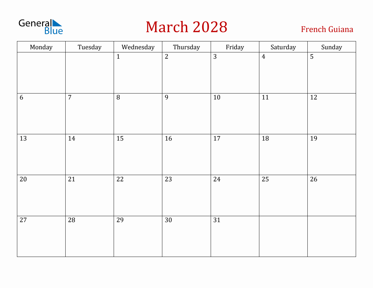 March 2028 French Guiana Monthly Calendar with Holidays