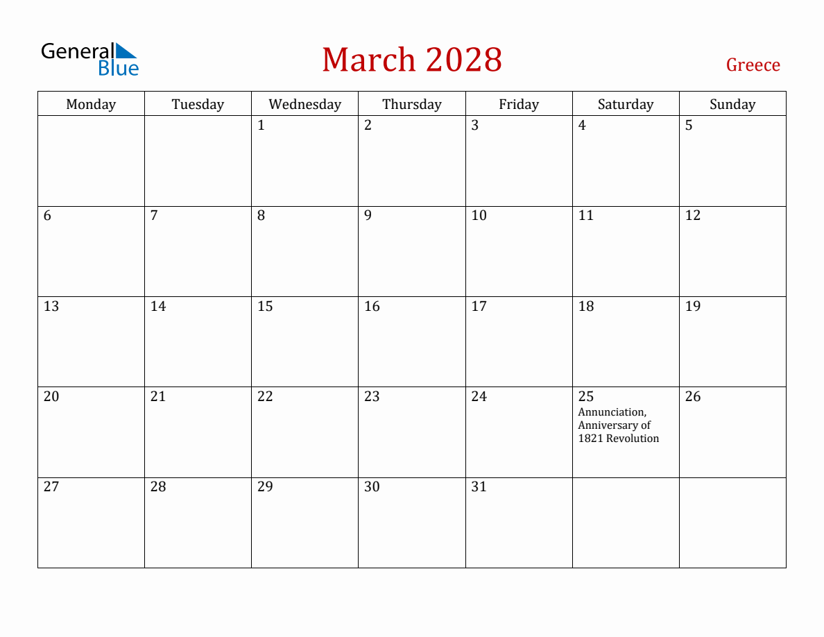 March 2028 Greece Monthly Calendar with Holidays