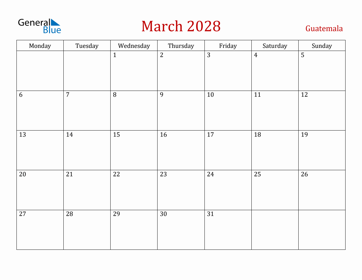 March 2028 Guatemala Monthly Calendar with Holidays