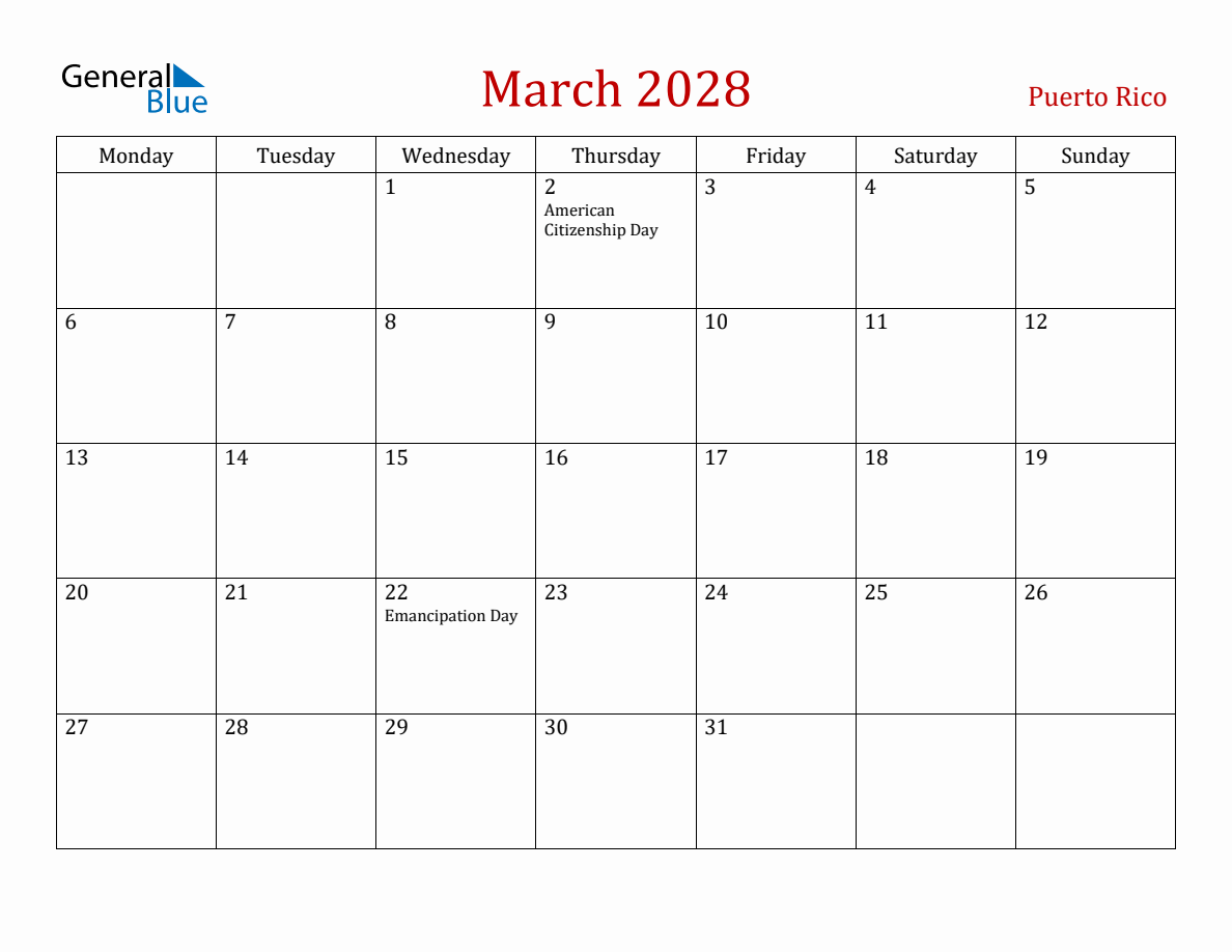 March 2028 Puerto Rico Monthly Calendar with Holidays (Monday Start)