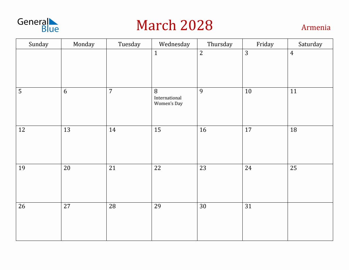March 2028 Armenia Monthly Calendar with Holidays