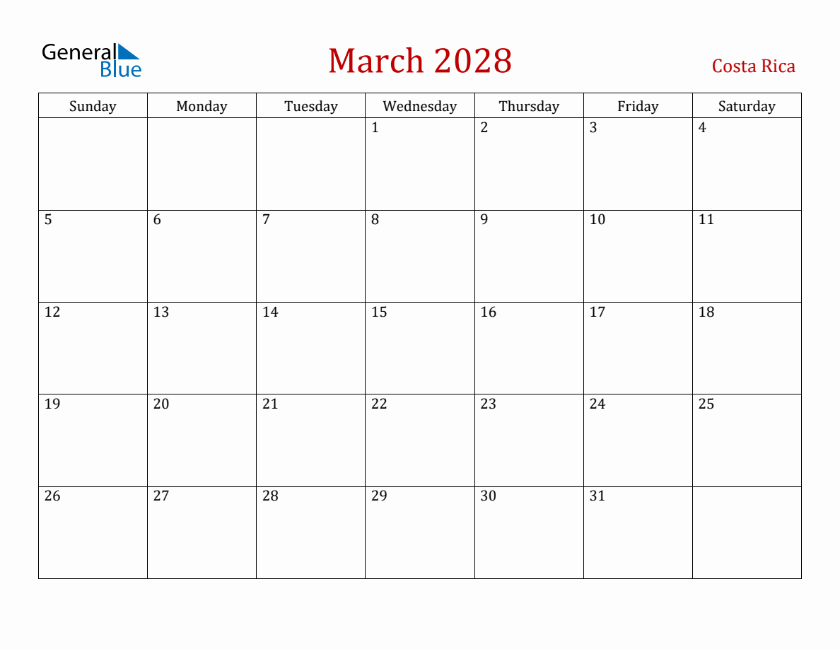 March 2028 Costa Rica Monthly Calendar with Holidays