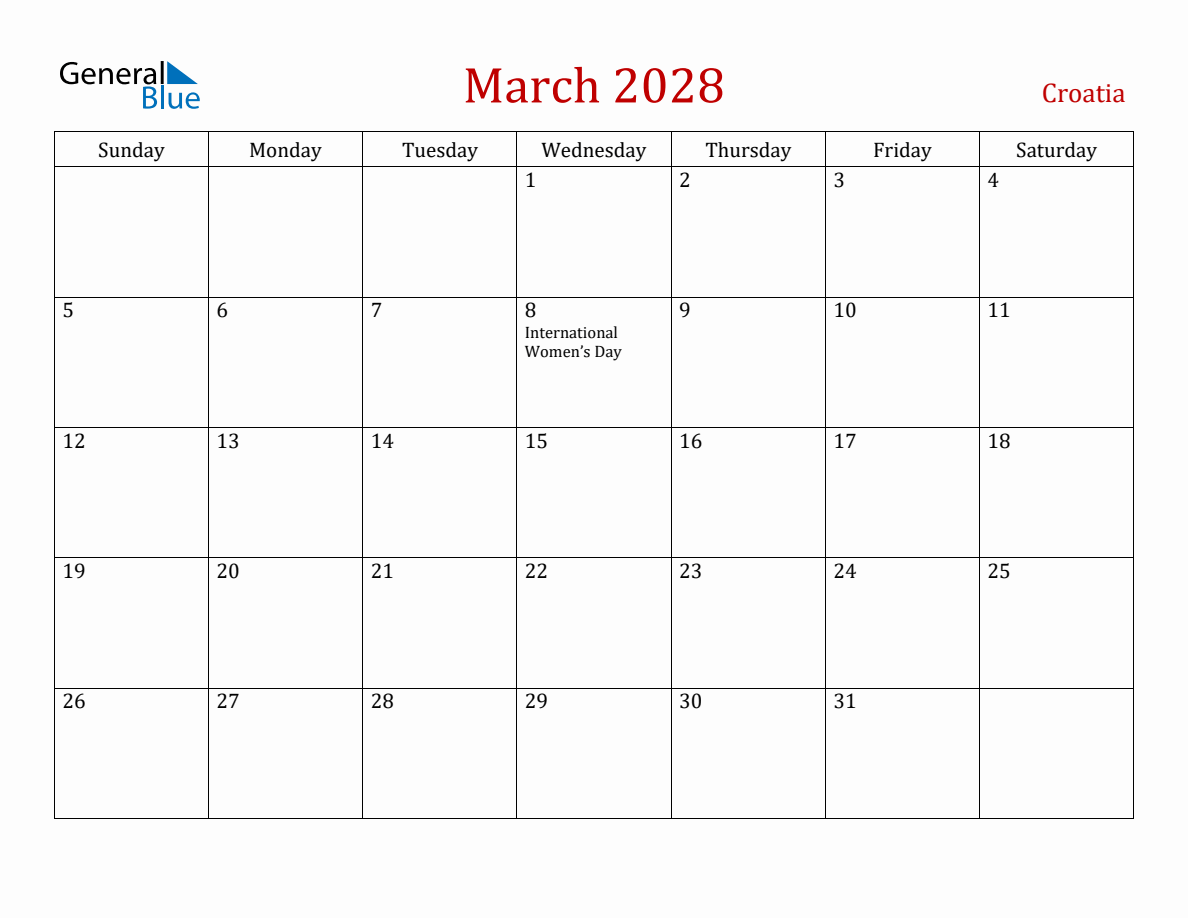 March 2028 Croatia Monthly Calendar with Holidays