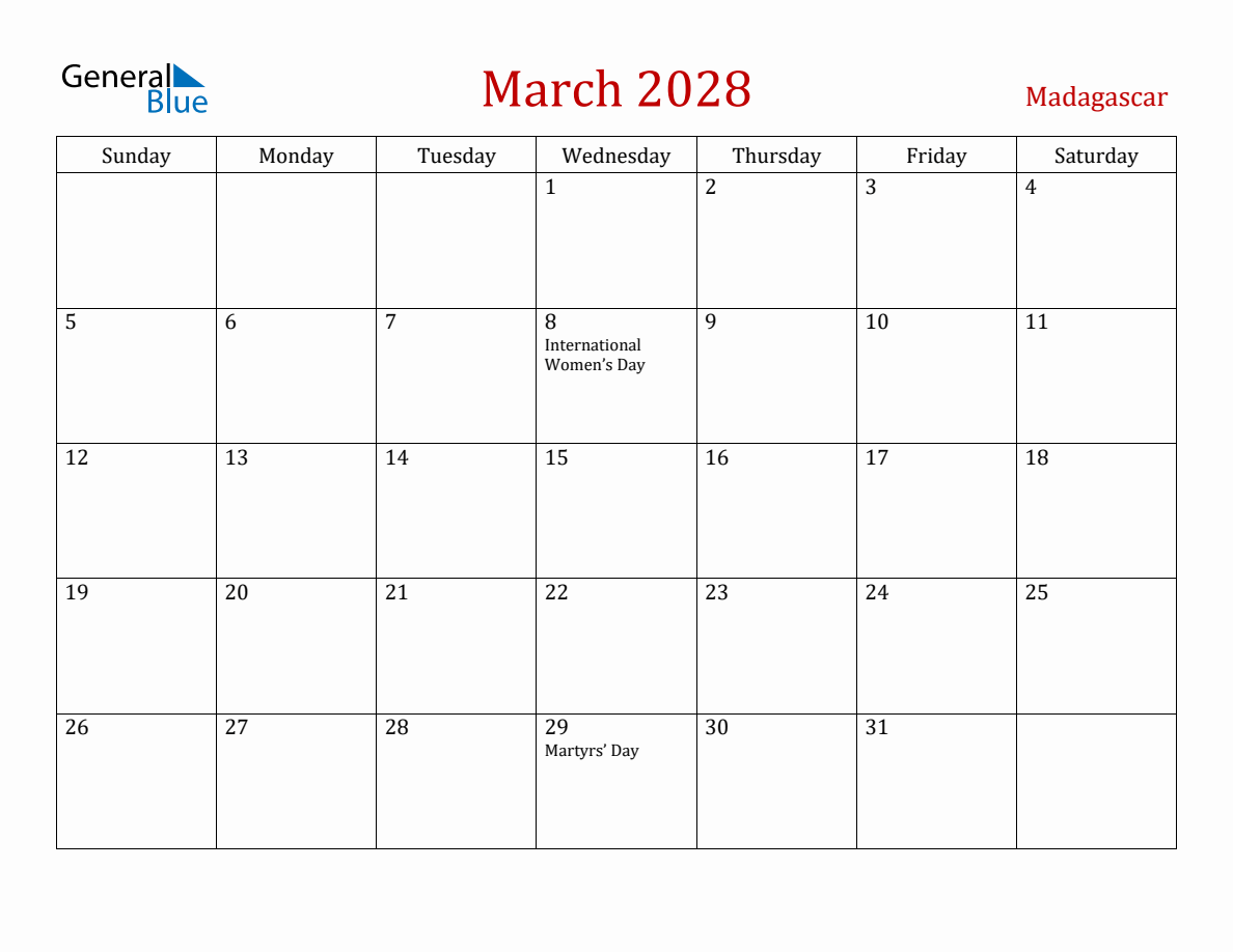 March 2028 Madagascar Monthly Calendar with Holidays