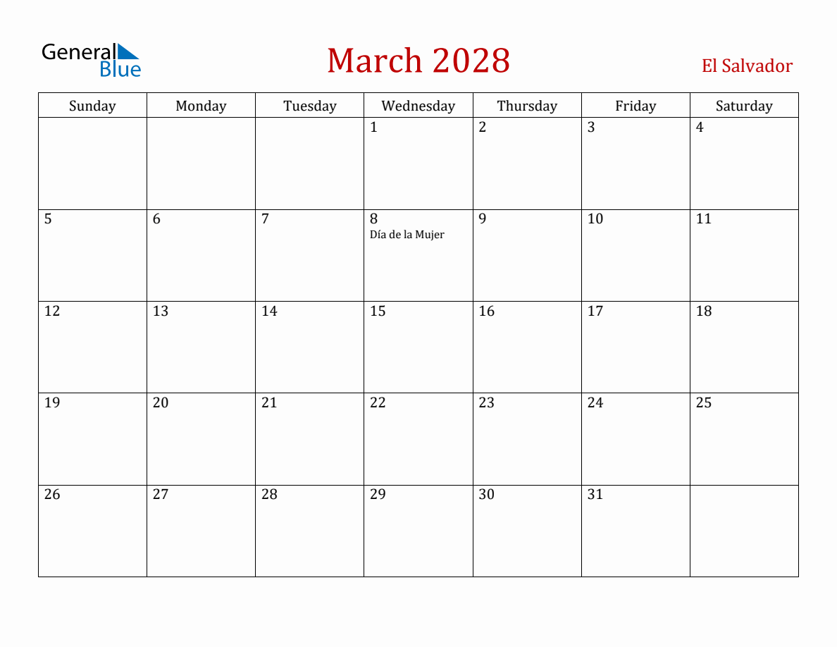 March 2028 El Salvador Monthly Calendar with Holidays