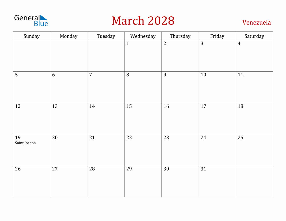 March 2028 Venezuela Monthly Calendar with Holidays