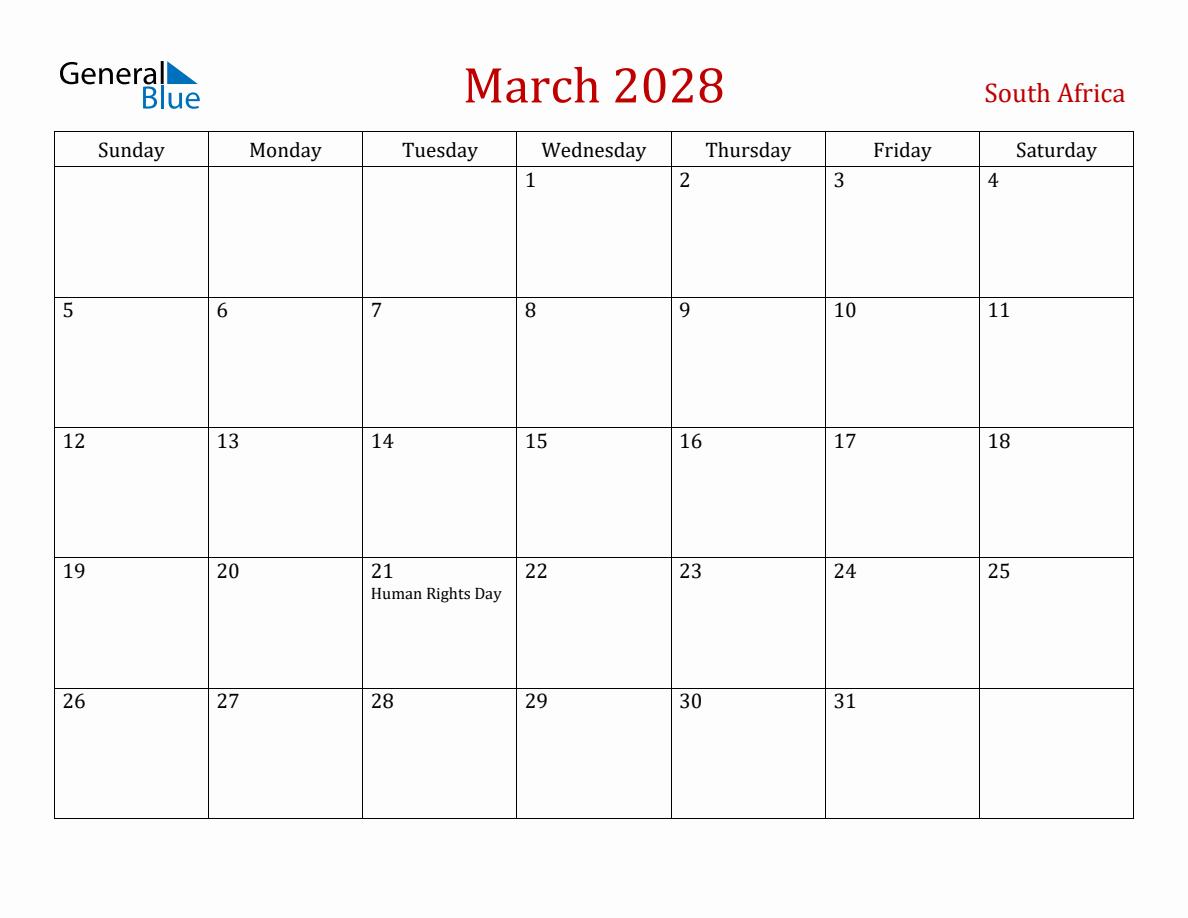 March 2028 South Africa Monthly Calendar with Holidays
