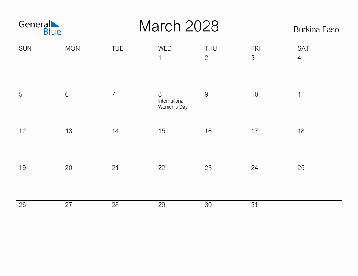 Printable March 2028 Monthly Calendar with Holidays for Burkina Faso