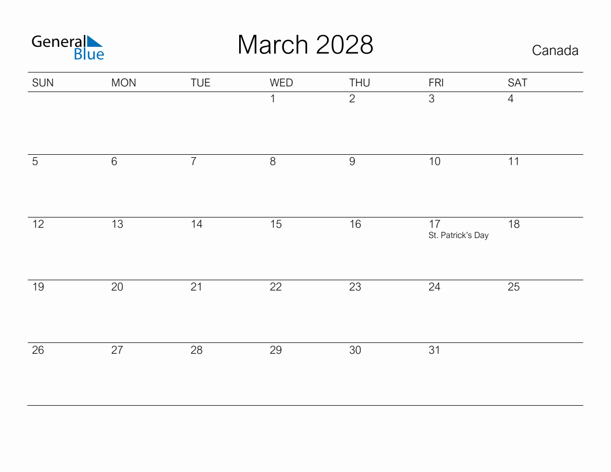 Printable March 2028 Monthly Calendar with Holidays for Canada