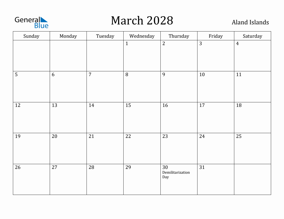 March 2028 Monthly Calendar with Aland Islands Holidays