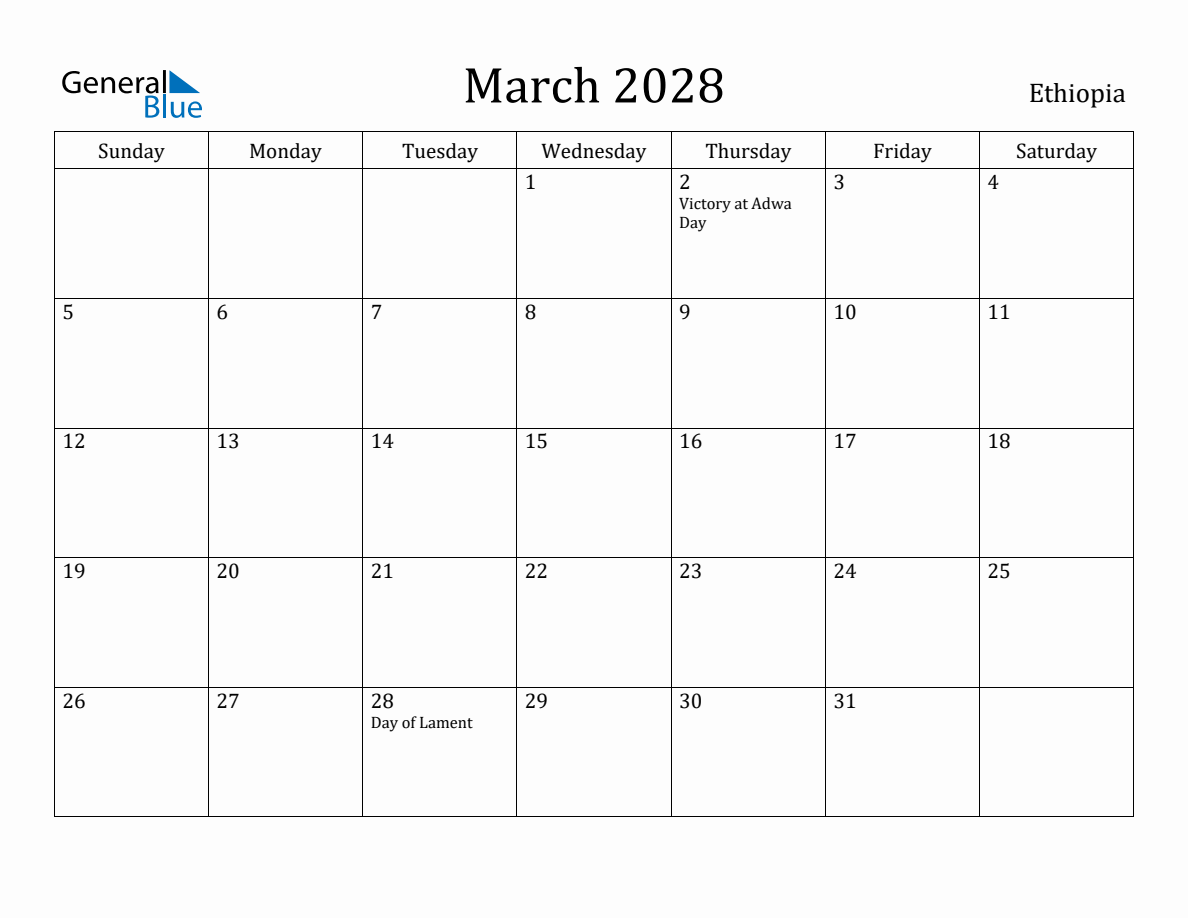 March 2028 Monthly Calendar with Ethiopia Holidays