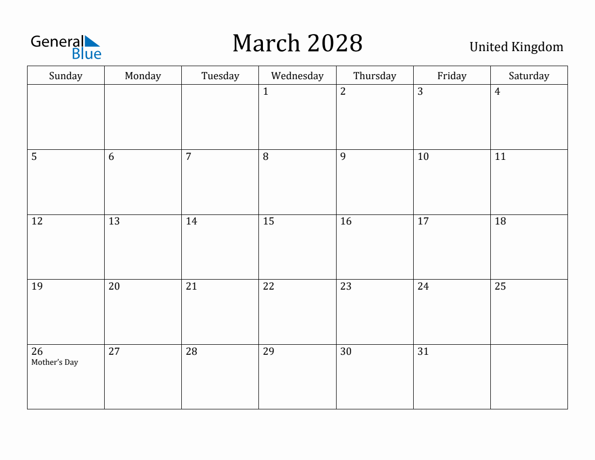 March 2028 Monthly Calendar with United Kingdom Holidays