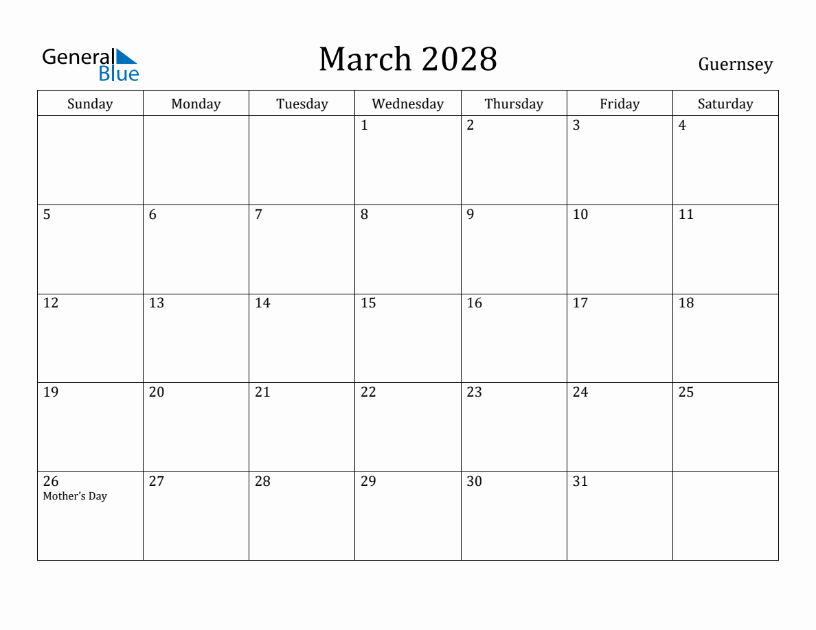 March 2028 Monthly Calendar with Guernsey Holidays