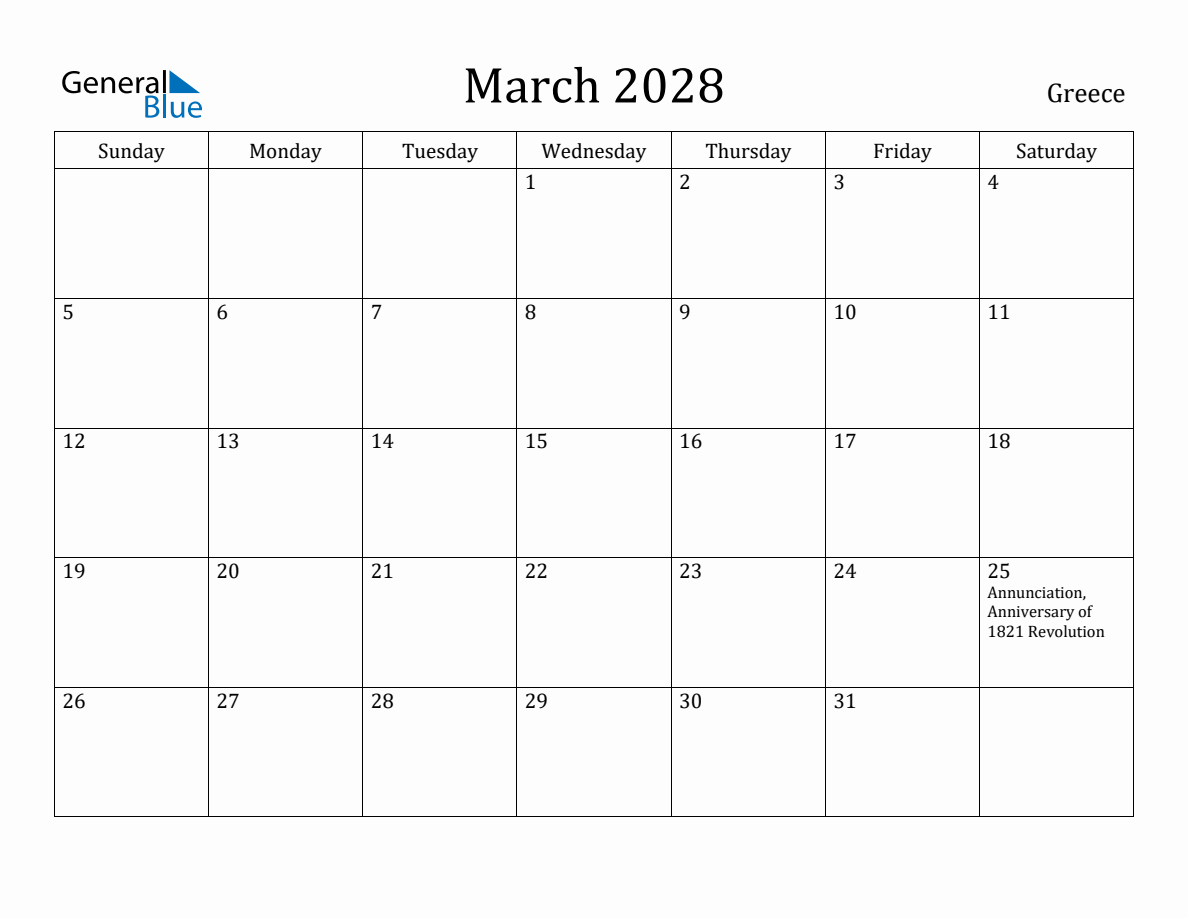 March 2028 Monthly Calendar with Greece Holidays