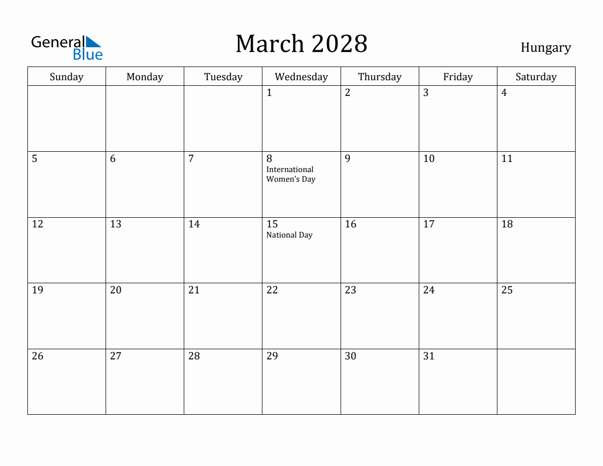 March 2028 Monthly Calendar with Hungary Holidays