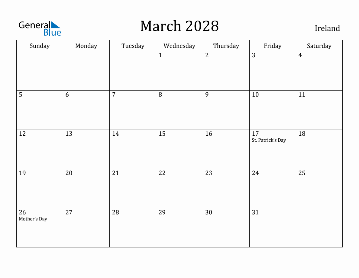 March 2028 Monthly Calendar with Ireland Holidays