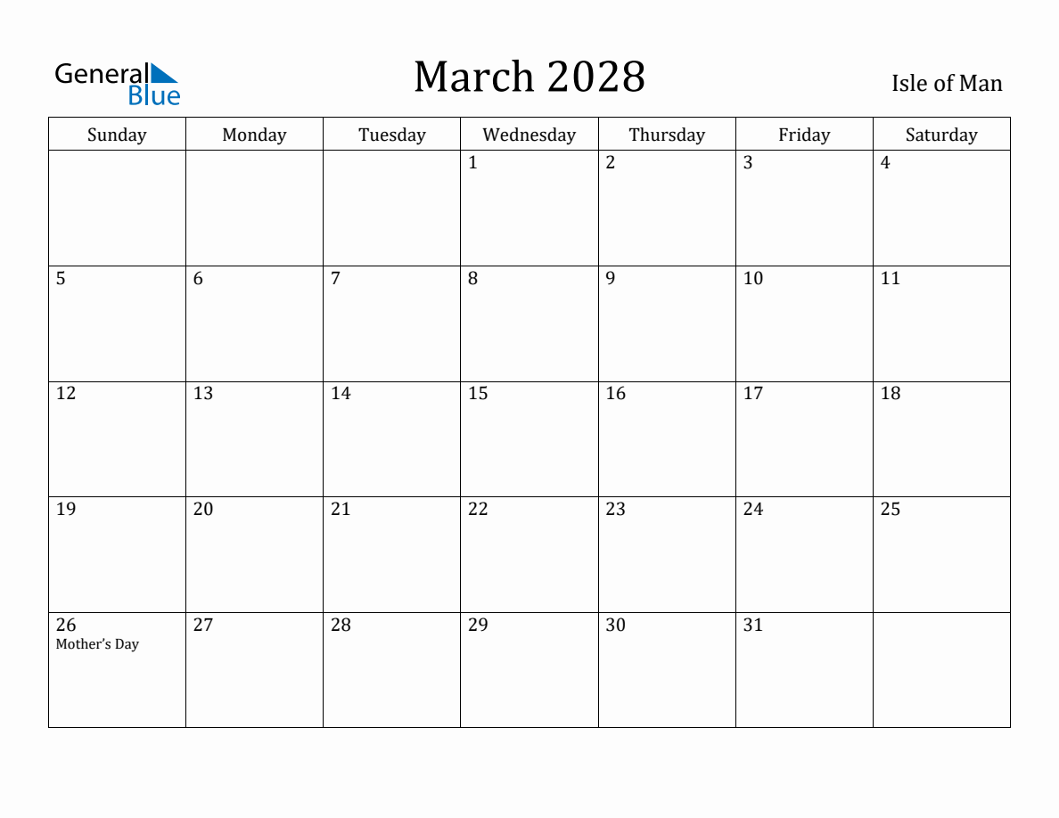 March 2028 Monthly Calendar with Isle of Man Holidays