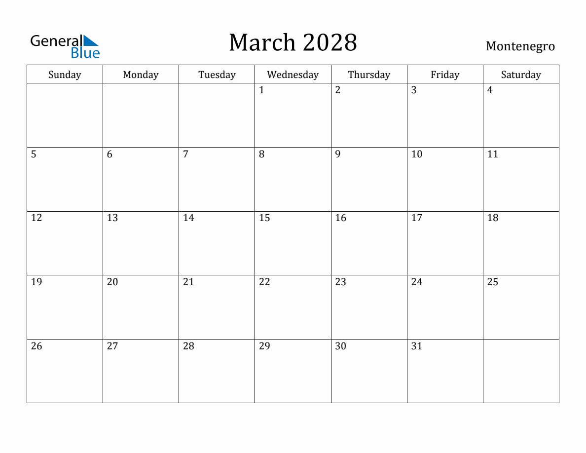 March 2028 Monthly Calendar with Montenegro Holidays