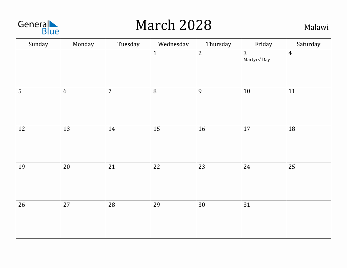 March 2028 Monthly Calendar with Malawi Holidays