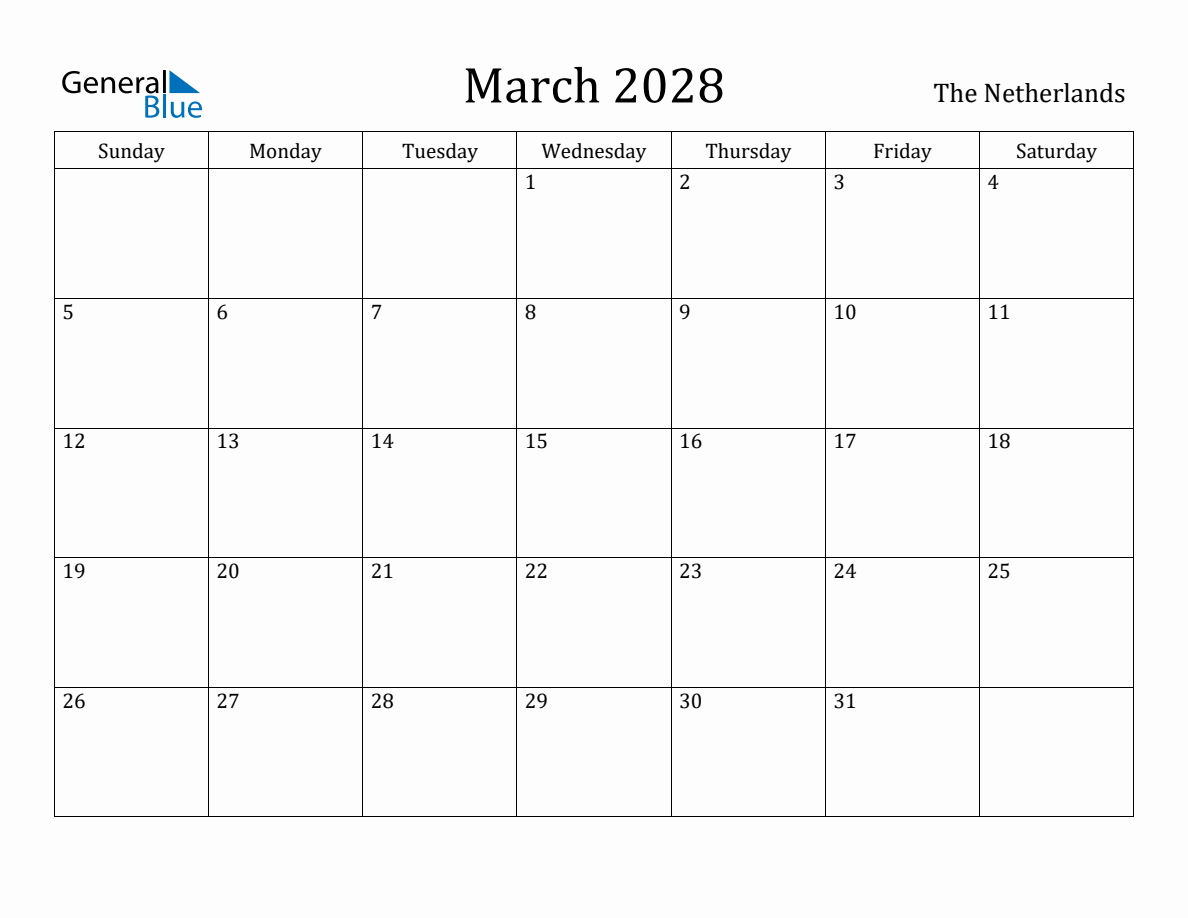 March 2028 Monthly Calendar with The Netherlands Holidays