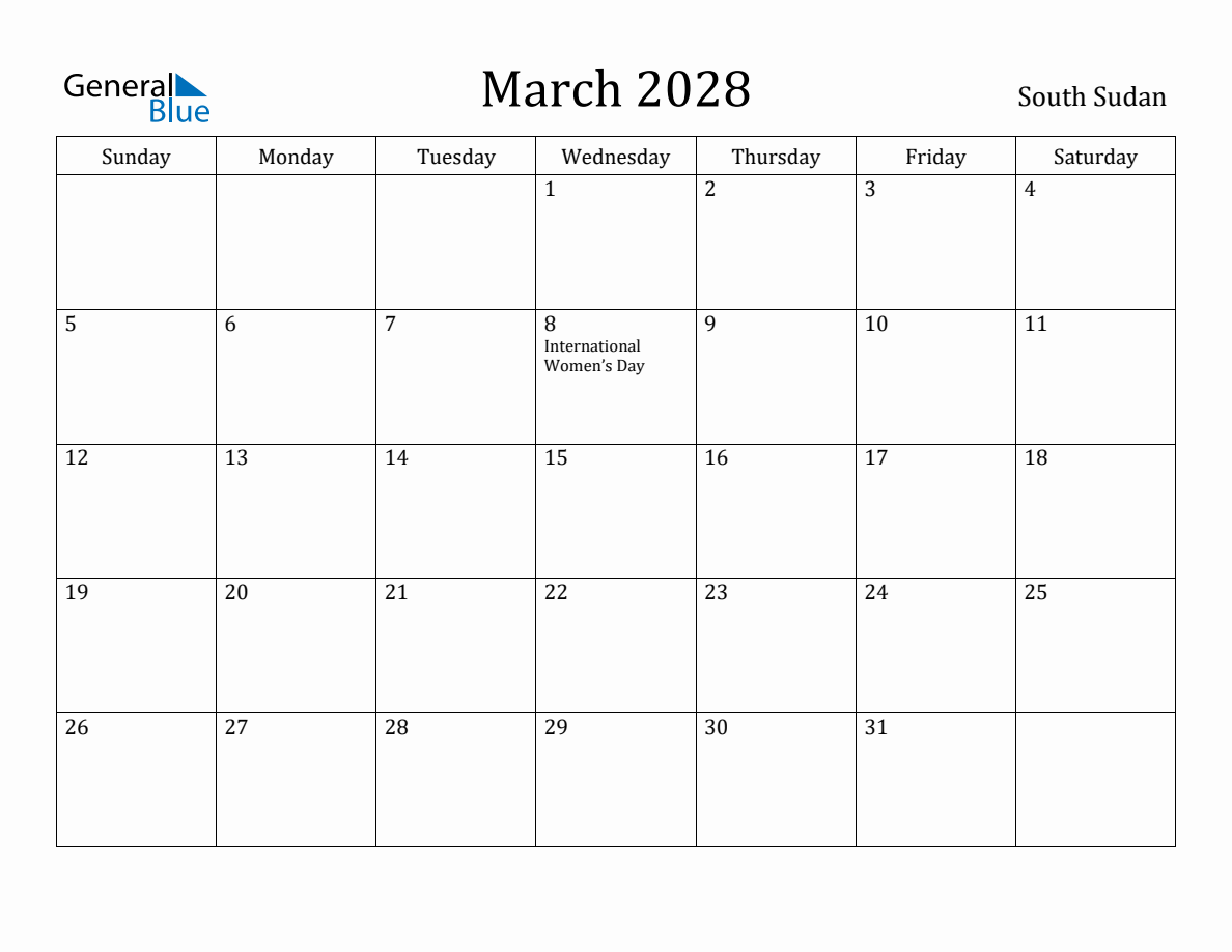 March 2028 Monthly Calendar with South Sudan Holidays