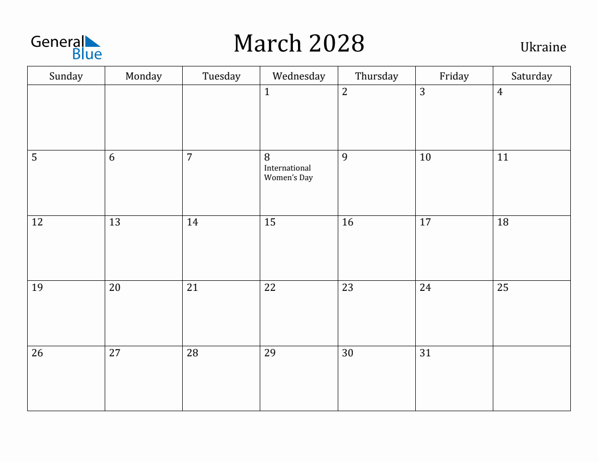 March 2028 Monthly Calendar with Ukraine Holidays