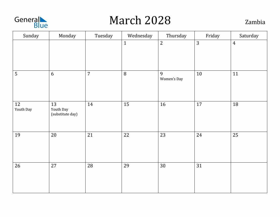 March 2028 Monthly Calendar with Zambia Holidays