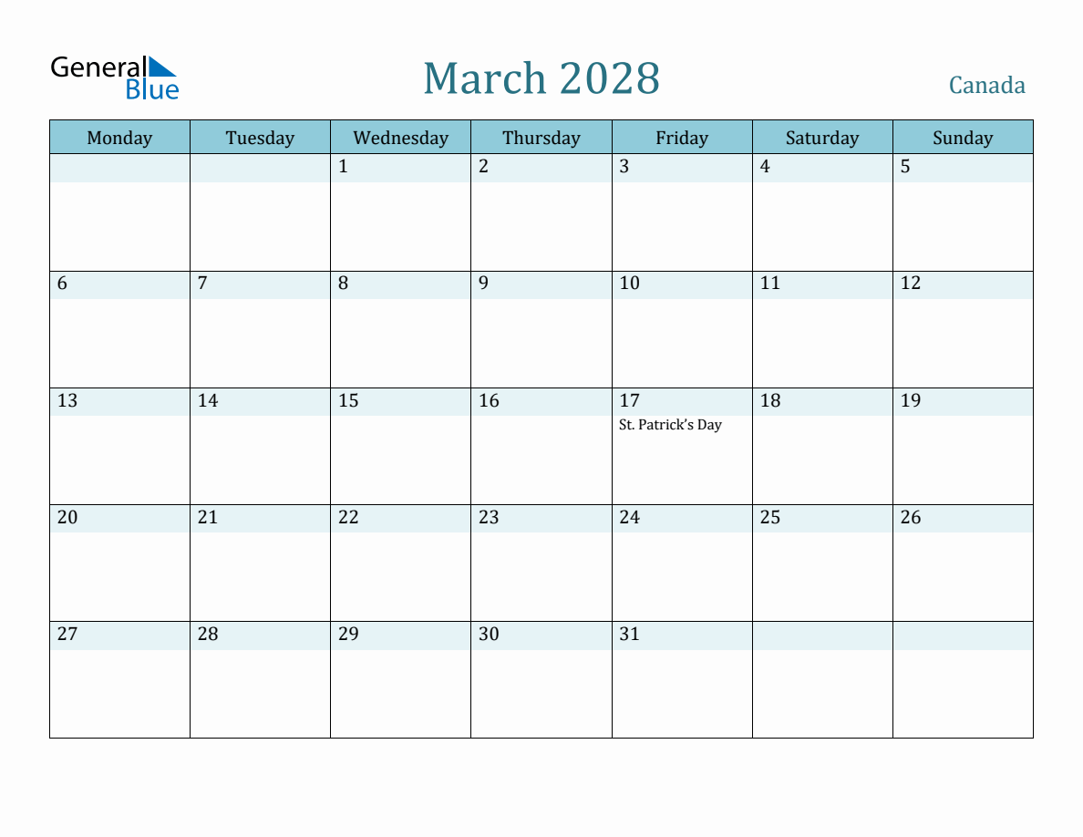Canada Holiday Calendar for March 2028