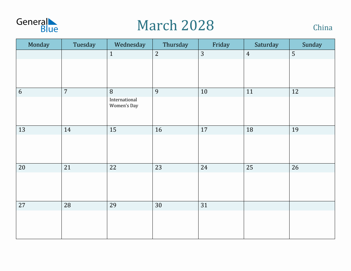 China Holiday Calendar for March 2028
