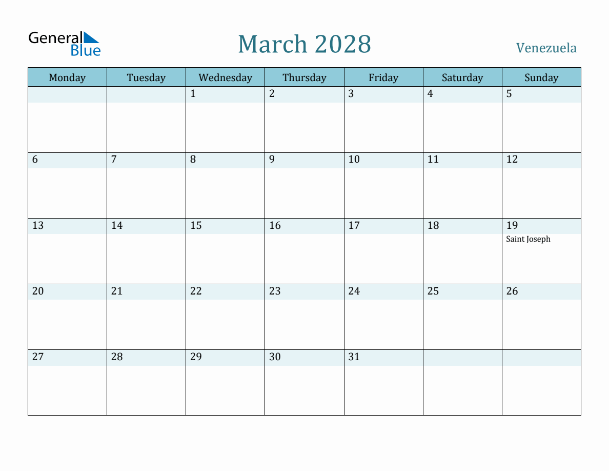 Venezuela Holiday Calendar for March 2028