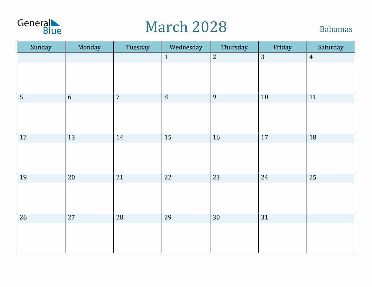 Bahamas Holiday Calendar for March 2028