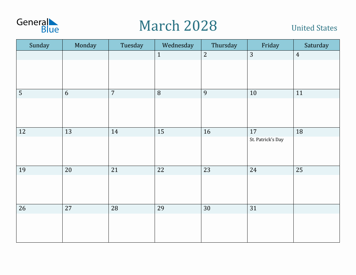 United States Holiday Calendar for March 2028