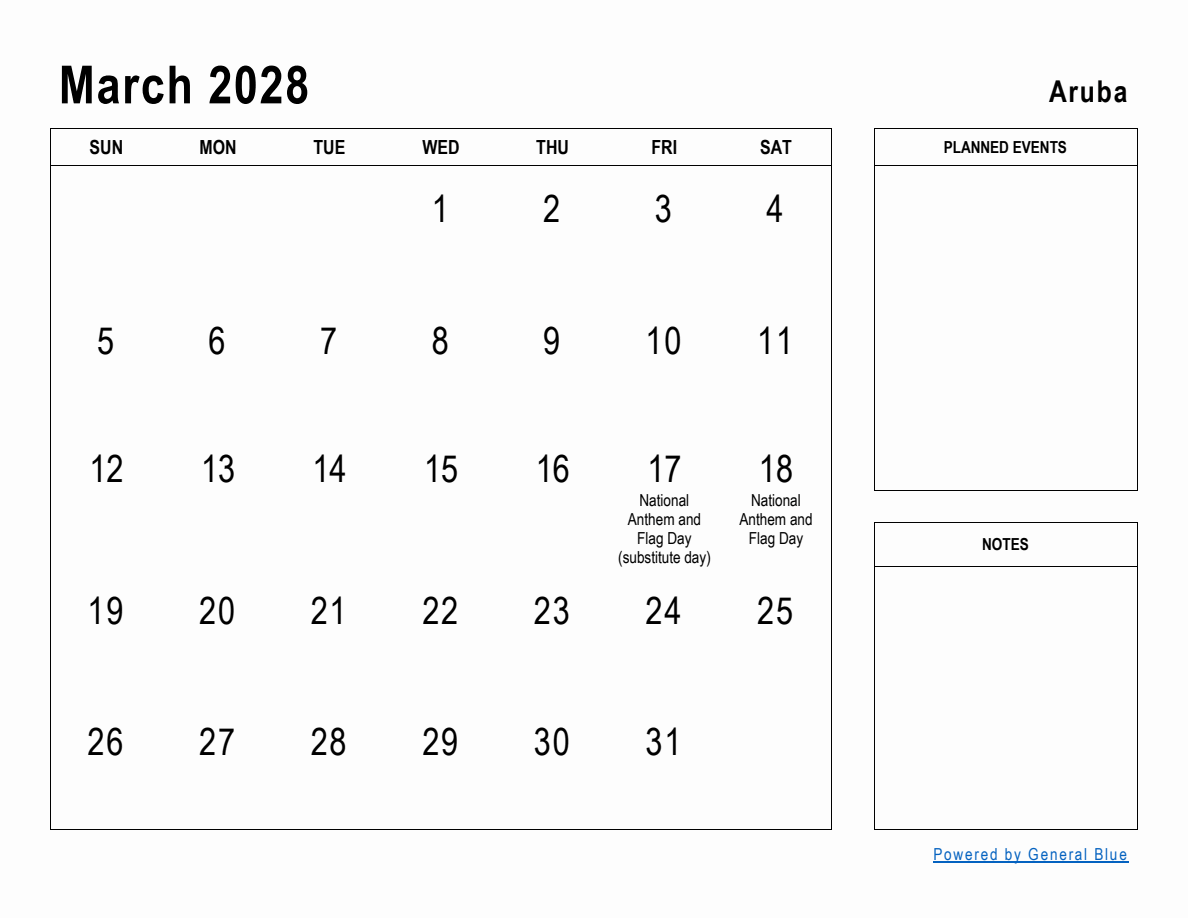 March 2028 Planner with Aruba Holidays