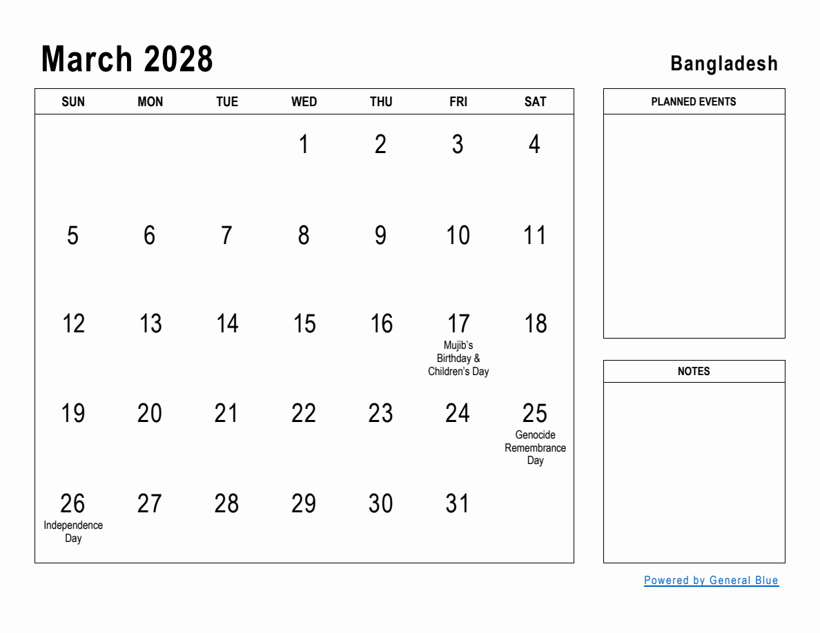 March 2028 Planner with Bangladesh Holidays
