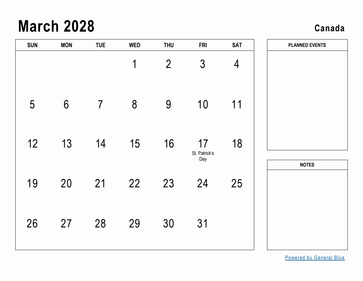March 2028 Planner with Canada Holidays