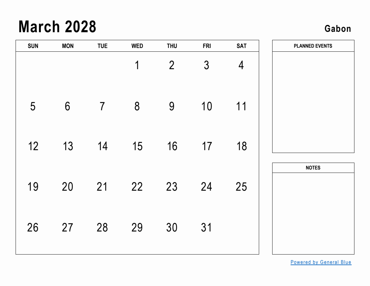 March 2028 Planner with Gabon Holidays
