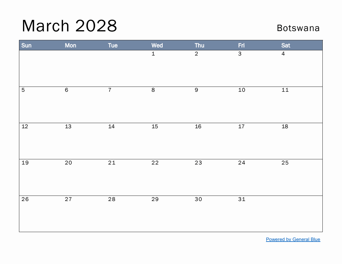 Free Monthly Calendar Template for March 2028 with Botswana Holidays
