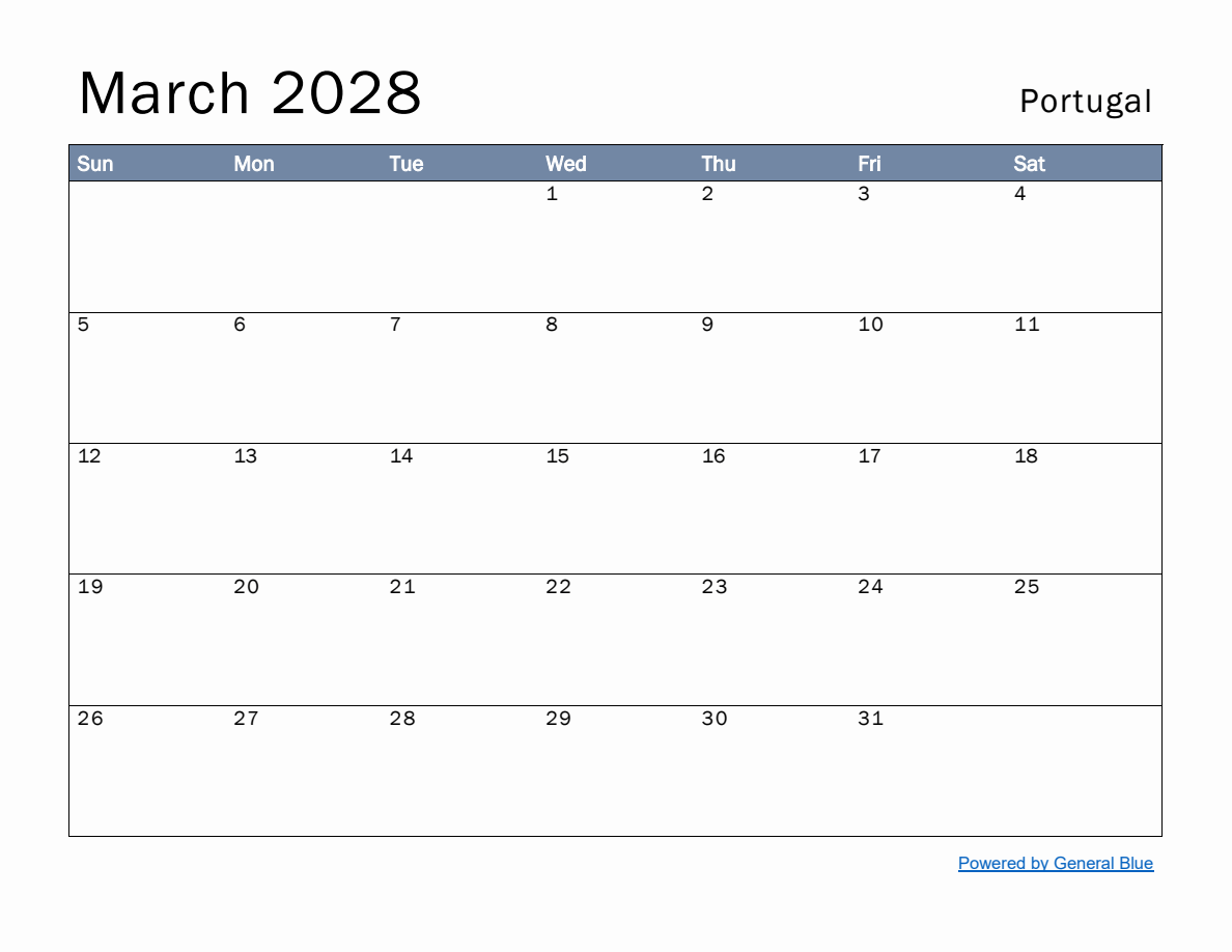 Free Monthly Calendar Template for March 2028 with Portugal Holidays