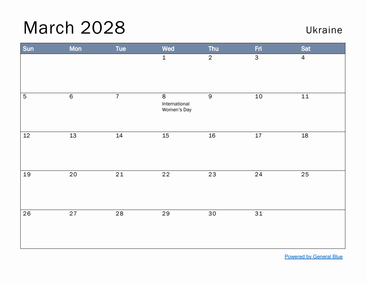 Free Monthly Calendar Template for March 2028 with Ukraine Holidays