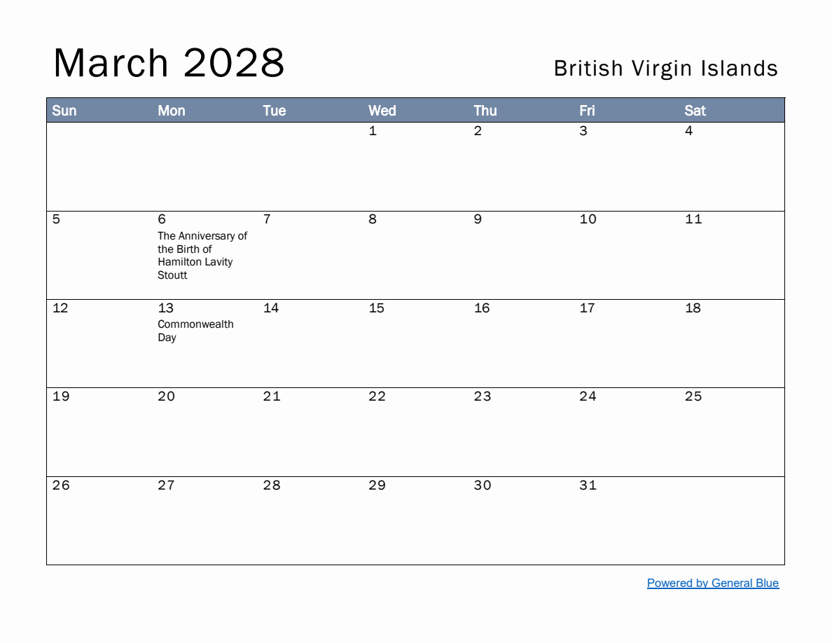 Free Monthly Calendar Template for March 2028 with British Virgin ...