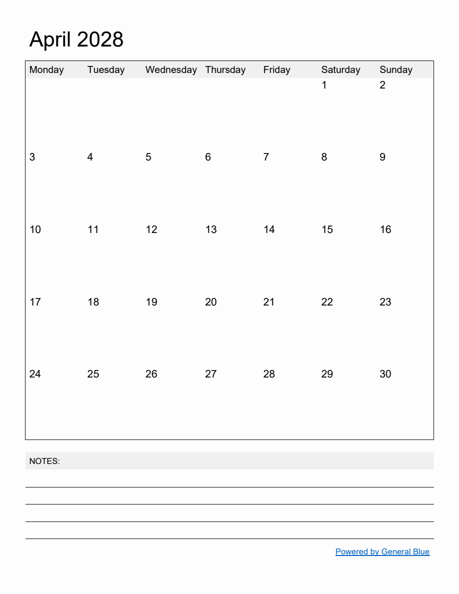 Free Printable Monthly Calendar for April 2028 - Monday Start